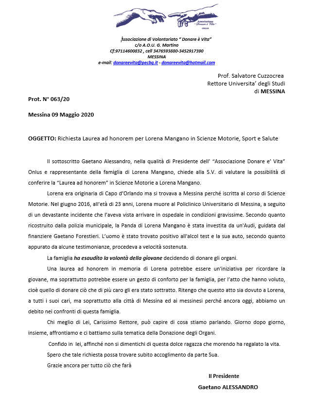 L'Assoc. Donare è Vita chiede Laurea ad honorem in "Scienze Motorie ...